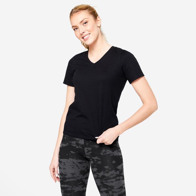 Decathlon | Camiseta Feminina Algodão Gola V 500 Nyamba Preta